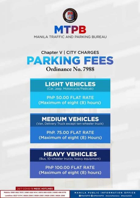Manila flat rate parking fees for low, medium, and heavy vehicles ...