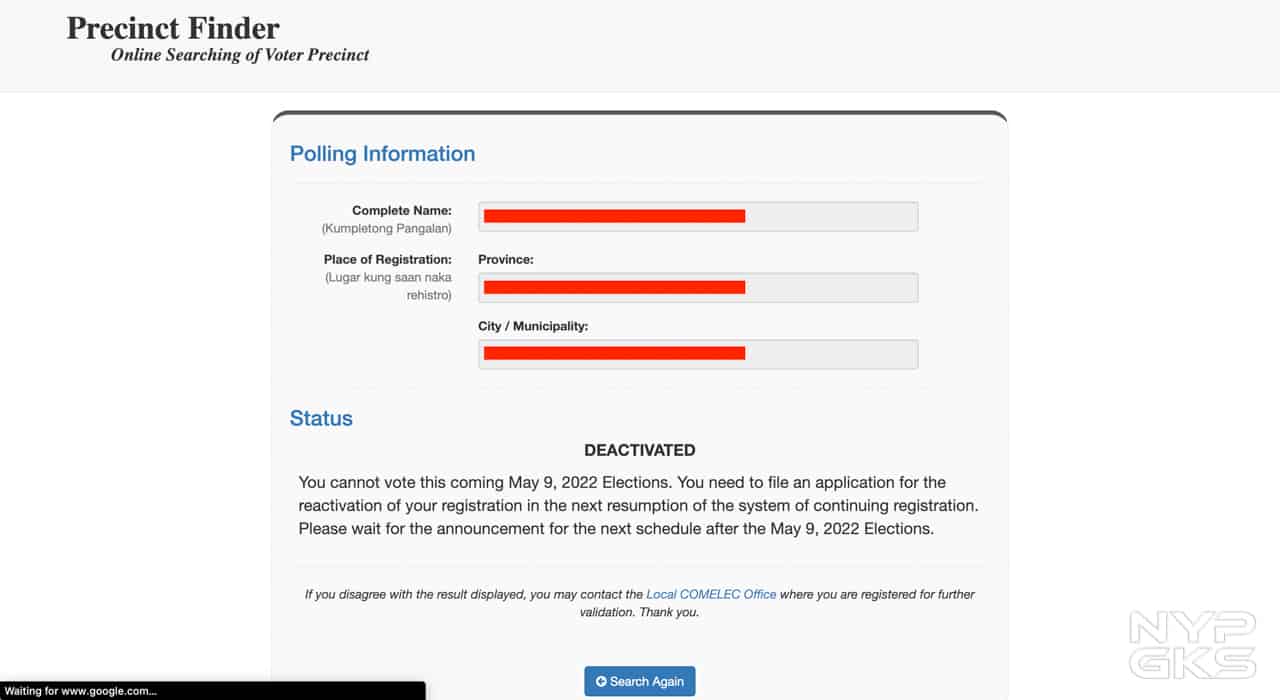 COMELEC precinct finder deactivated status fix | NoypiGeeks